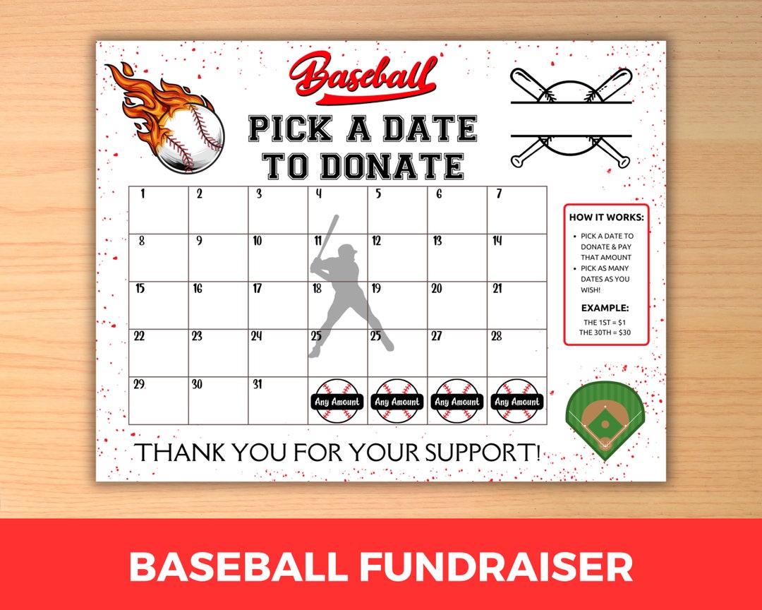Baseball Fundraiser Calendar, Pick a Date to Donate Calendar, Cash ...