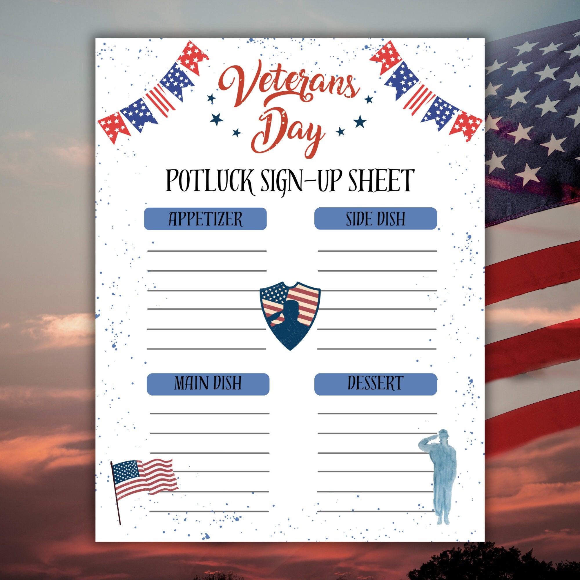 Veterans Day Potluck Sign up Sheet, Veterans Day Menu, Potluck Sign up ...