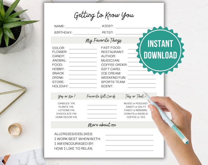 Getting to Know You Printable, Coworker Questionnaire, All About Me ...