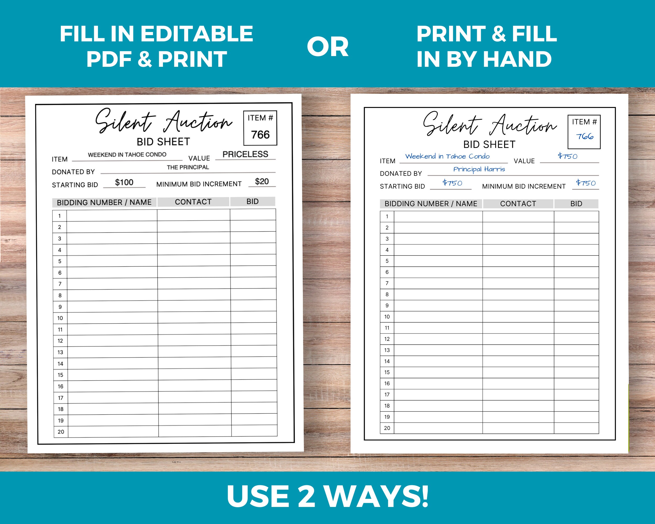 Editable Silent Auction Bid Sheet, Silent Auction Sign up Sheet, Silent ...