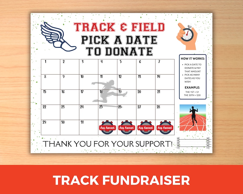 Track Fundraiser Calendar, Pick a Date to Donate Calendar, Cash ...