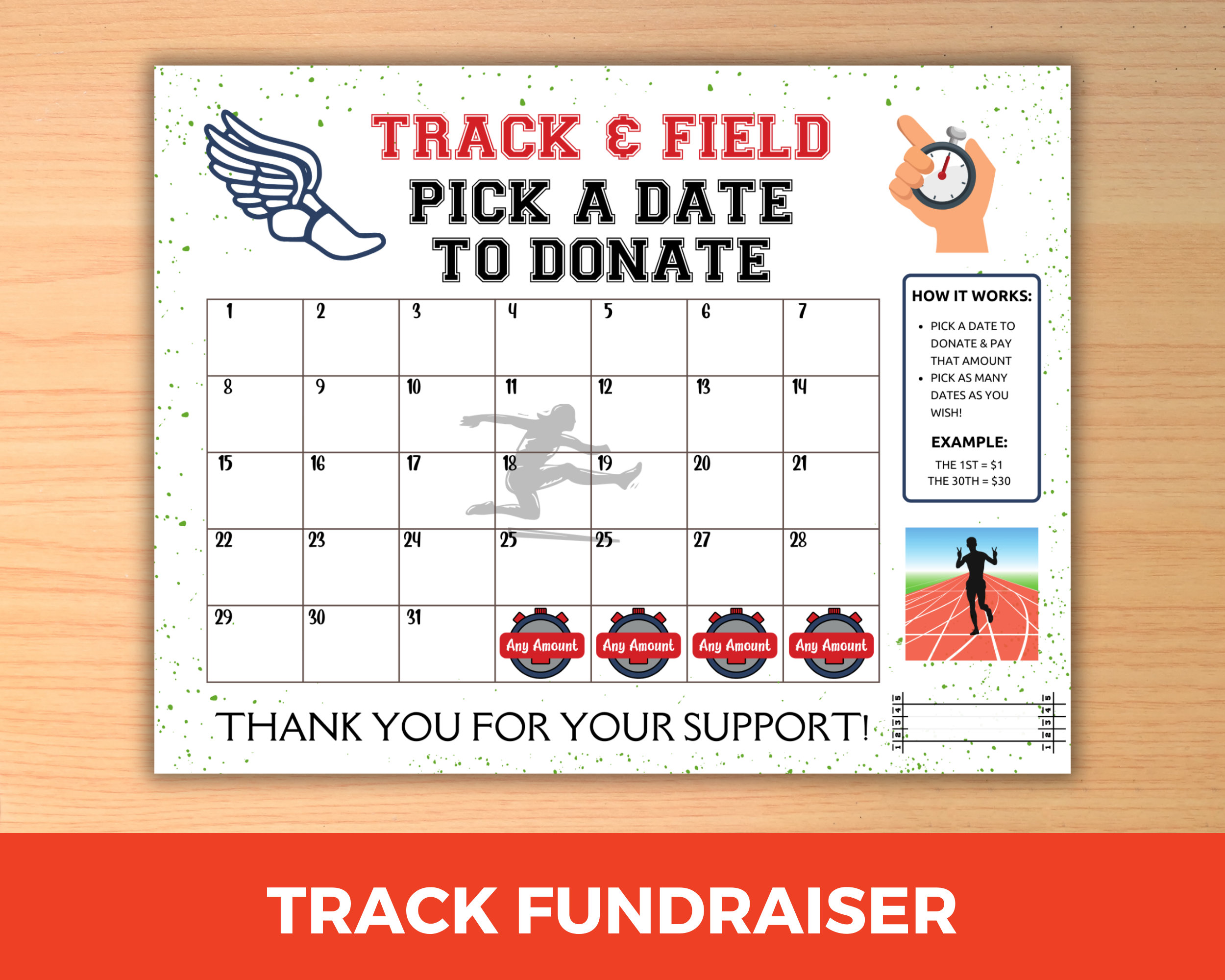 Track Fundraiser Calendar, Pick a Date to Donate Calendar, Cash ...