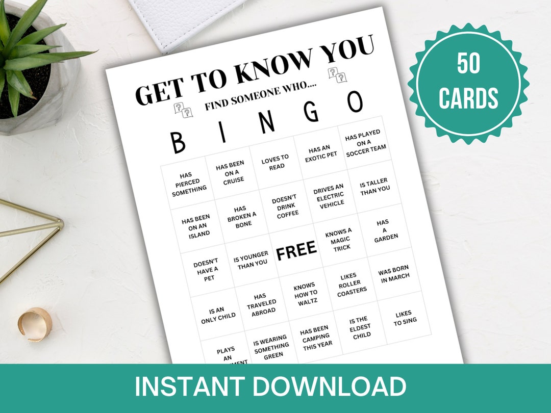 Get to Know You Bingo, 50 CARDS, Find Someone Who, Find the Guest Bingo ...