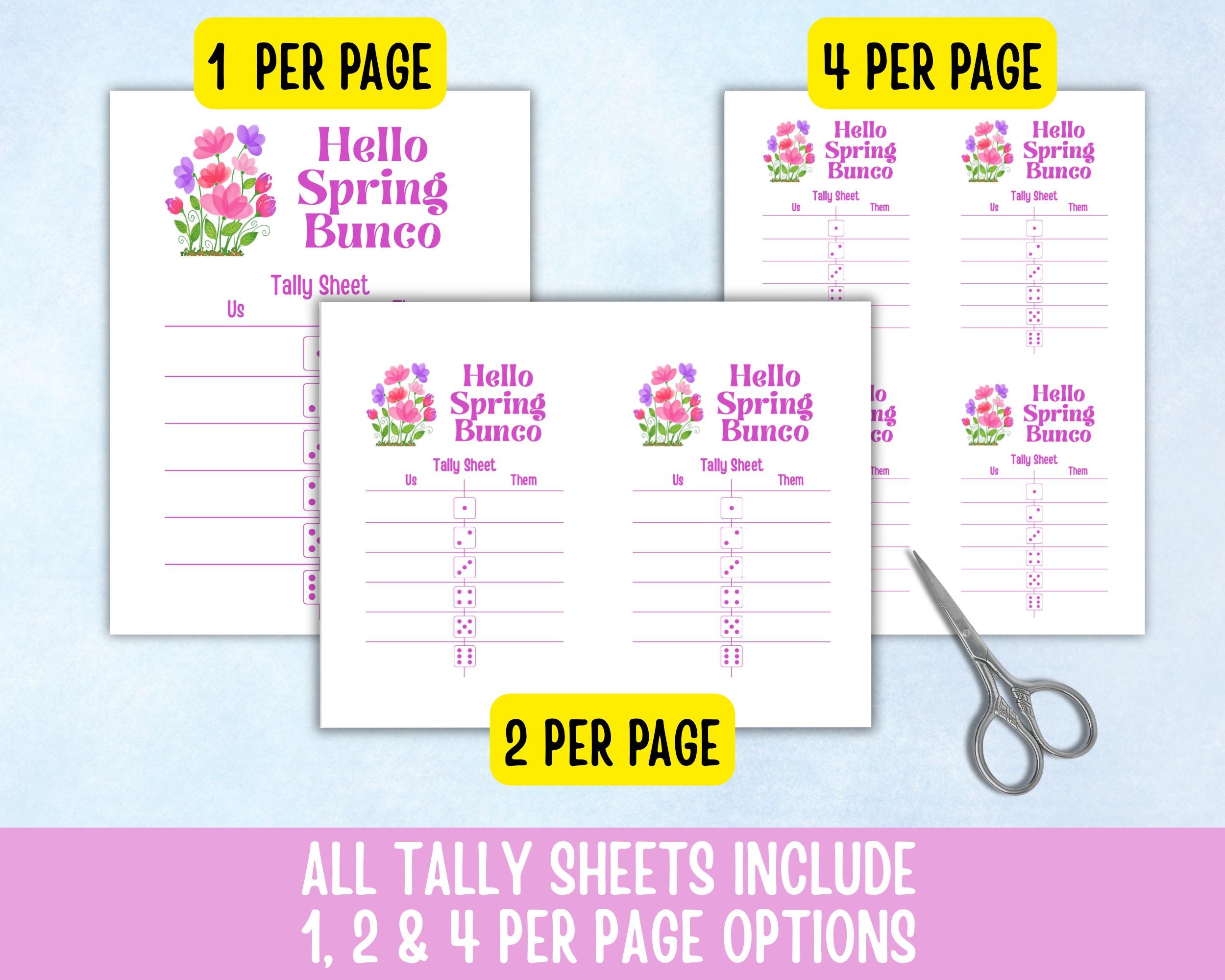 Spring Bunco Score Cards, April Bunco Tally Sheets, Hello Spring Table ...