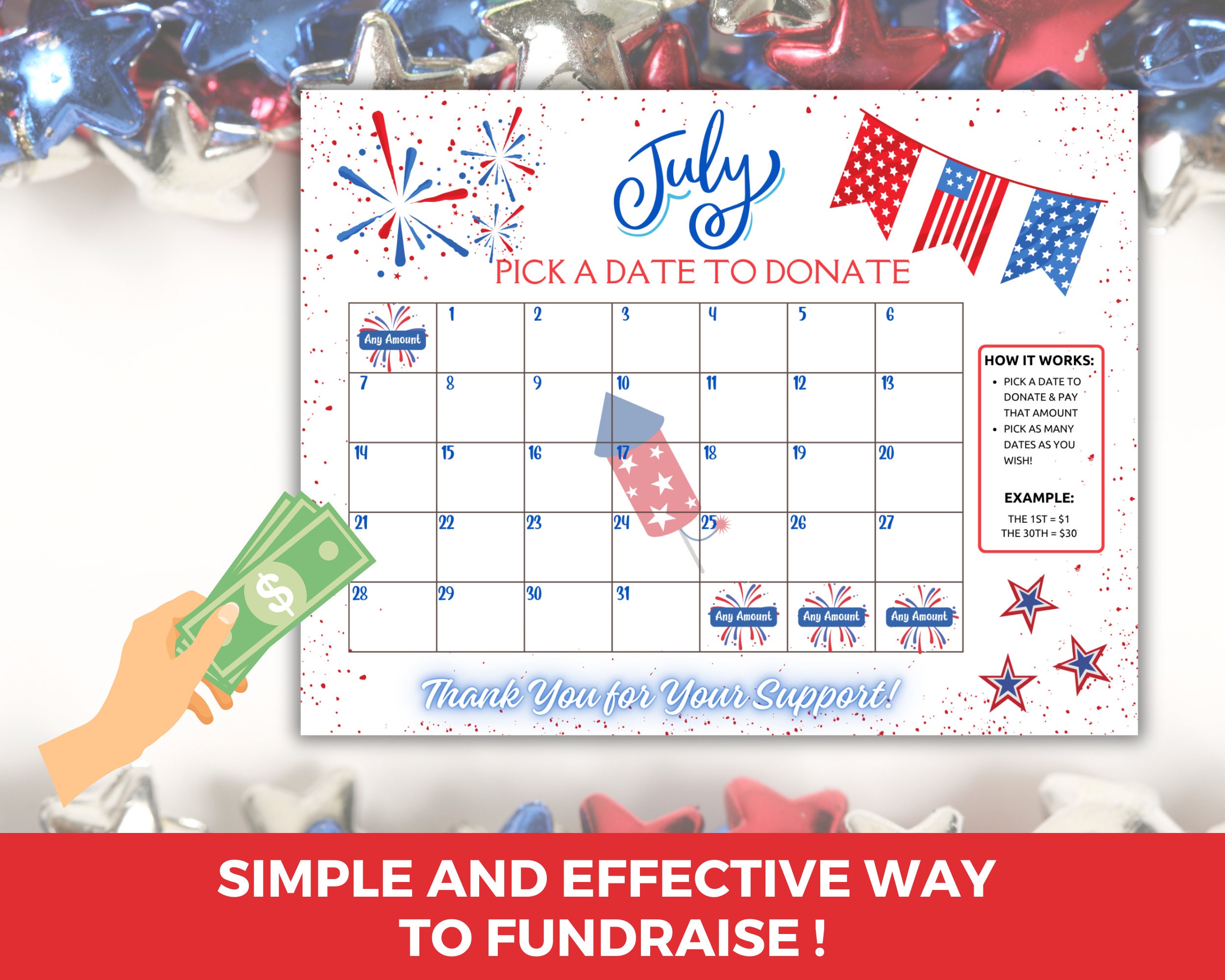 July Calendar Fundraiser, PTA Fundraising, Pick a Date to Donate, Cash ...