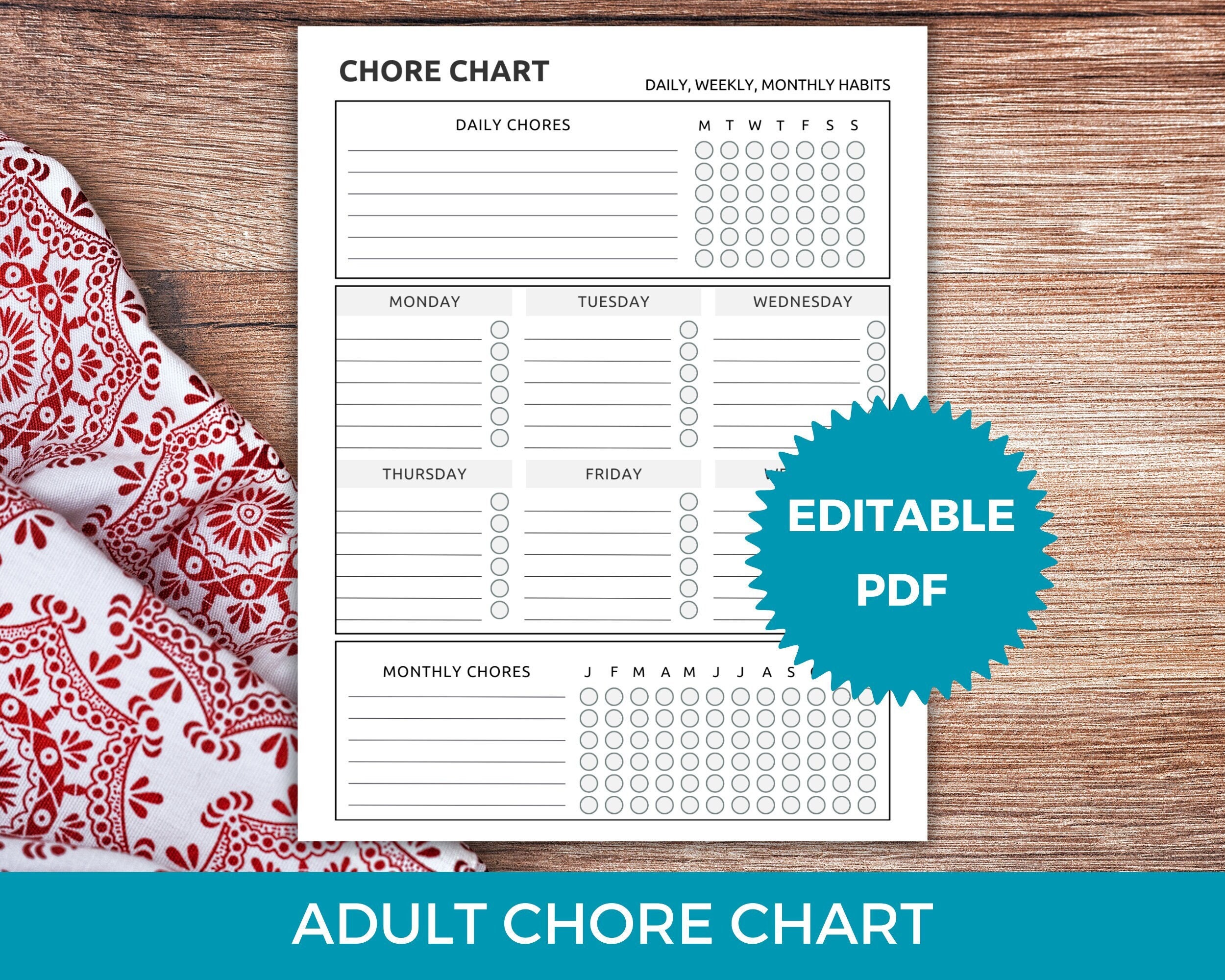 Adult Chore Chart, Chore Checklist Adult, Weekly Chore Chart for Adults ...