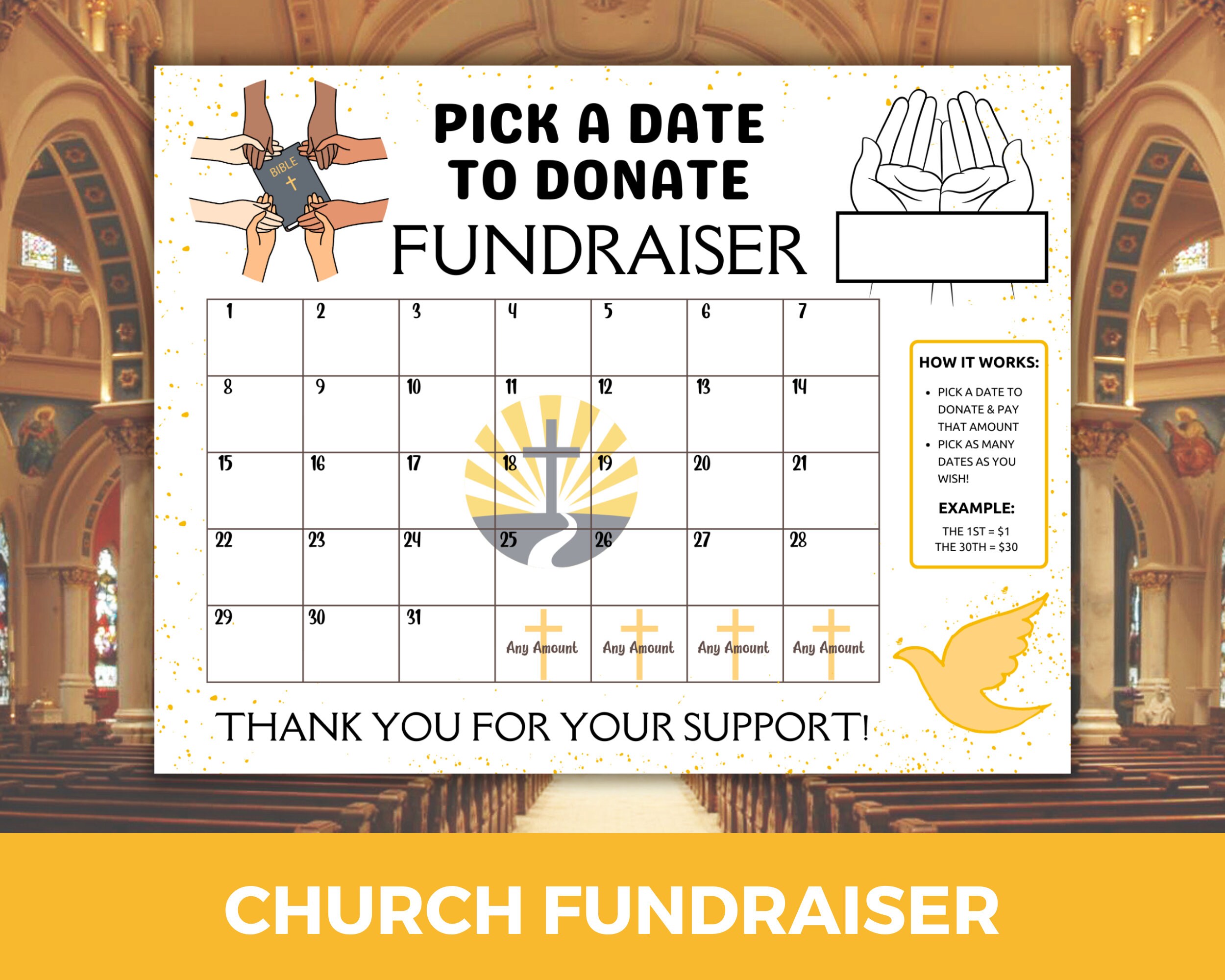 Church Fundraiser Calendar, Pick a Date to Donate Calendar, Cash ...