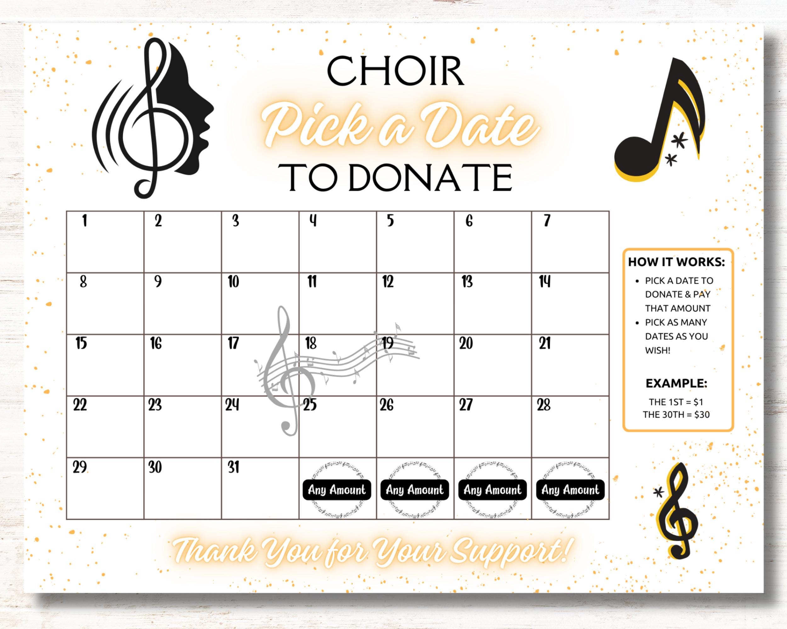 Choir Fundraiser Calendar, Pick a Date to Donate, Cash Calendar, Choir ...
