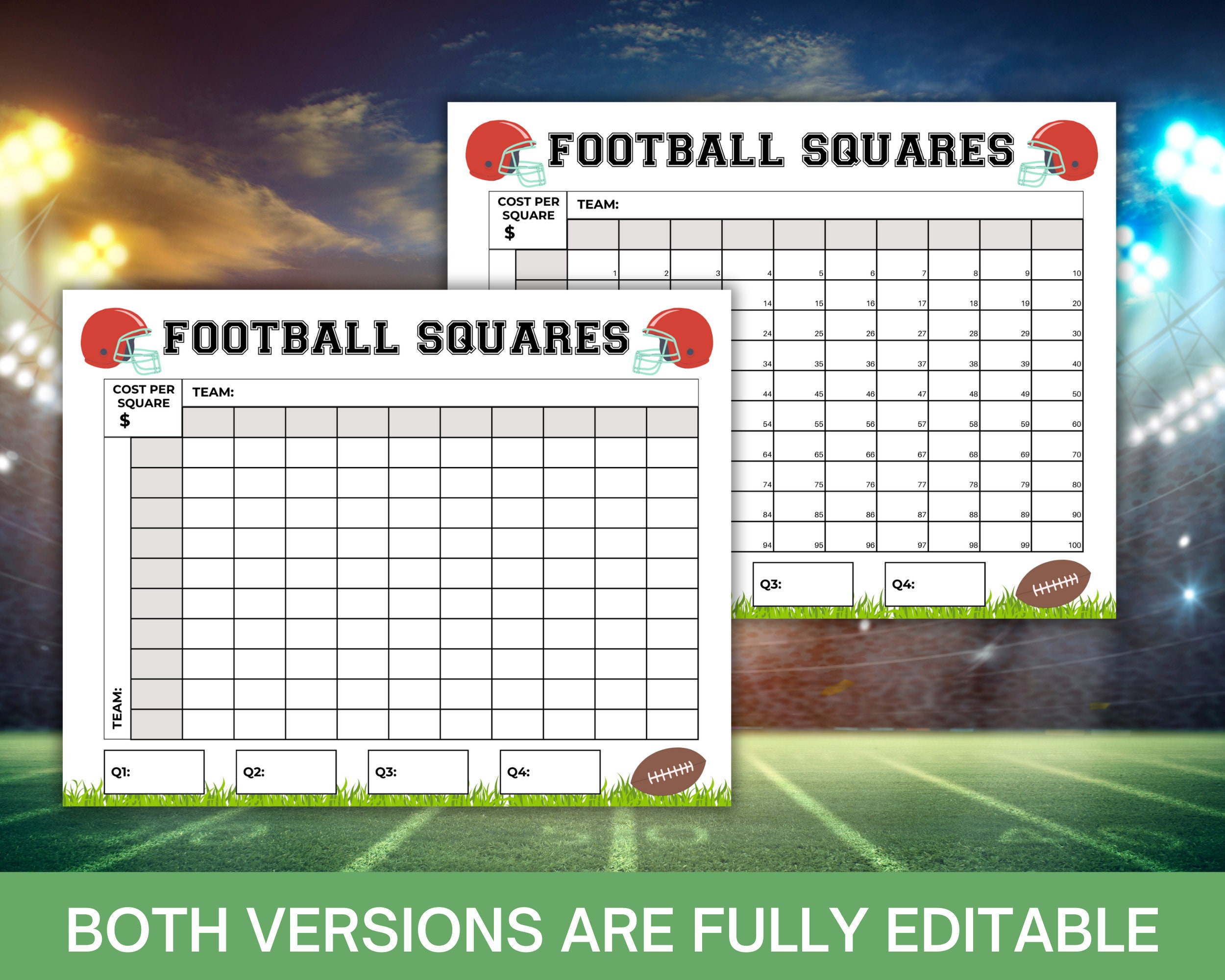 Football Squares Printable, Football Fundraiser, 100 Football Squares ...