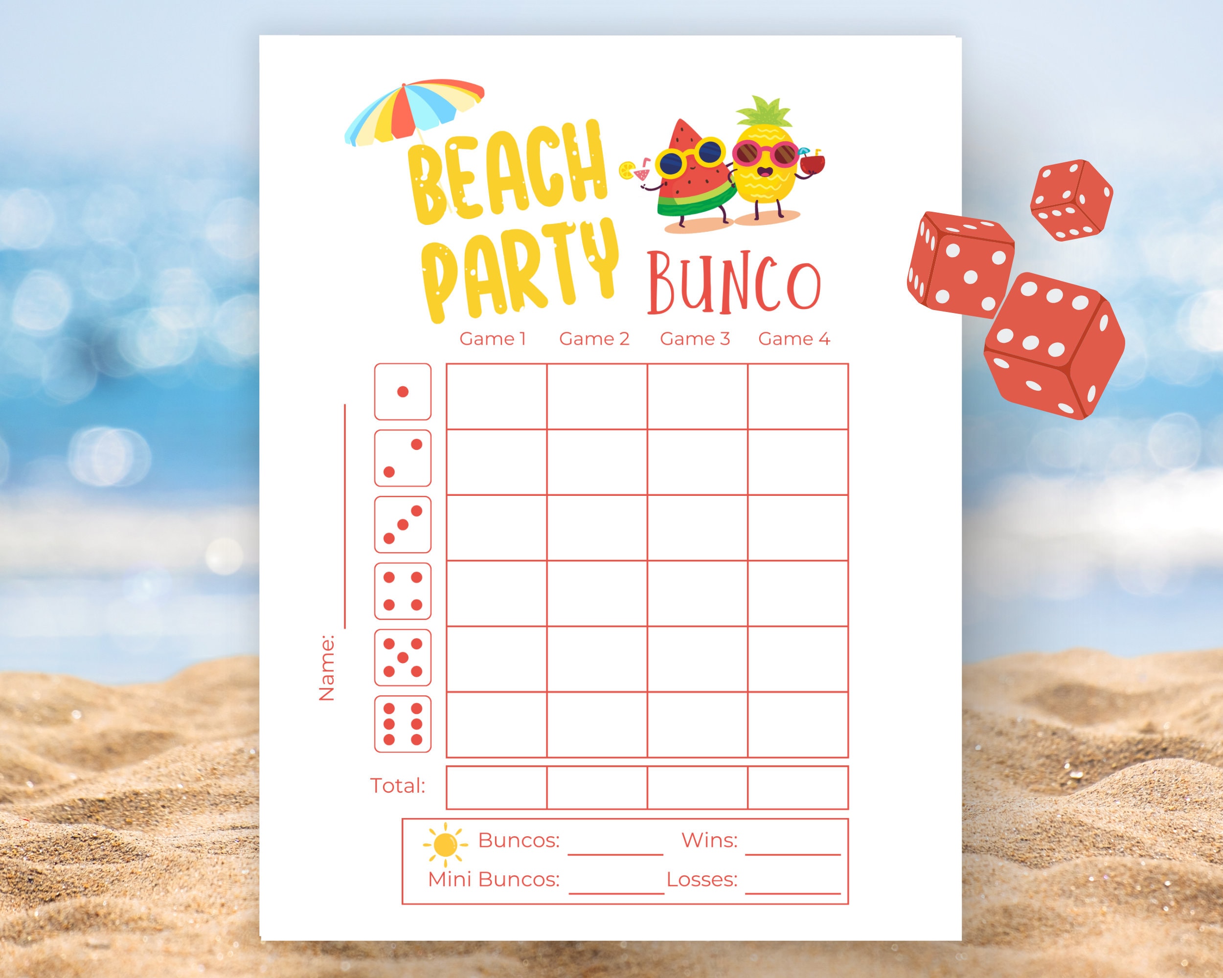 Beach Party Bunco Score Sheets, Summer Bunco Score Cards, Summer Bunco ...