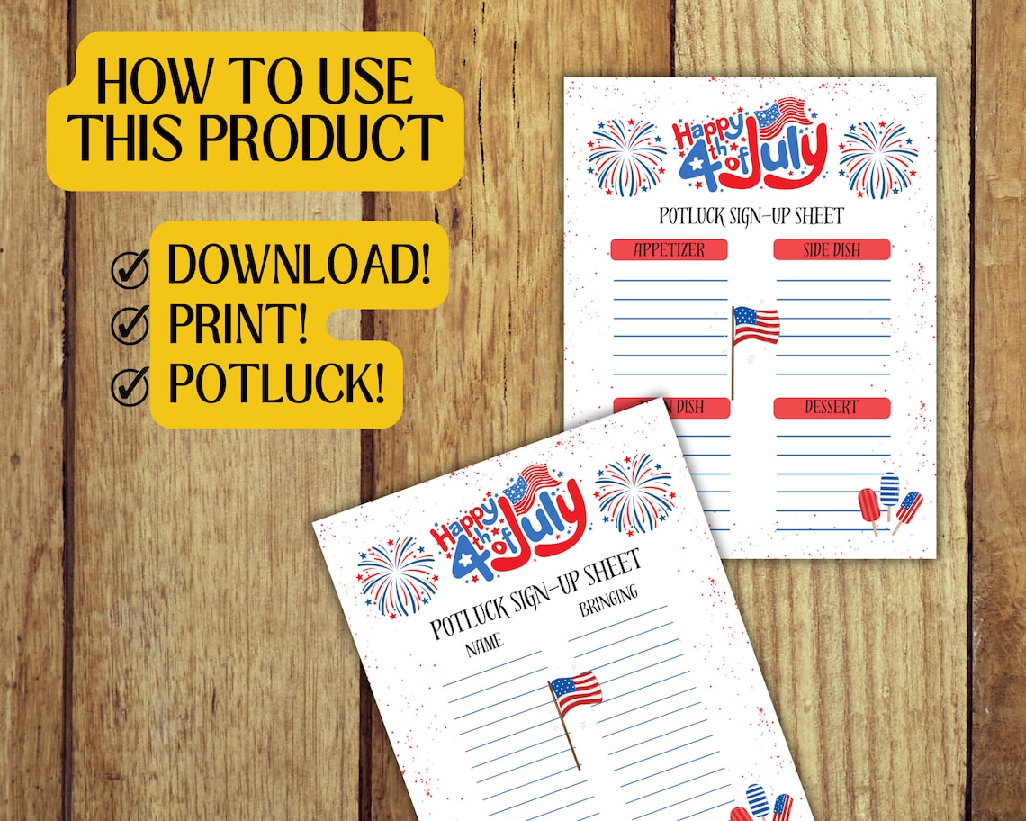 July 4th Potluck Sign up Sheet, 4th of July Sign up Form, Independence ...