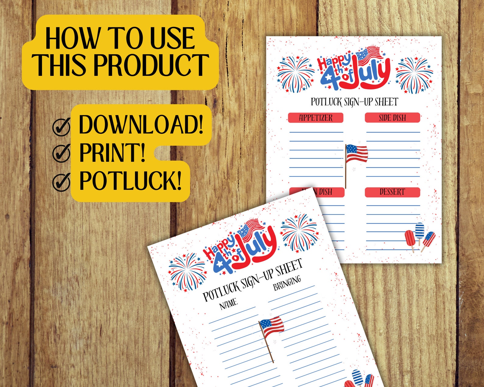 July 4th Potluck Sign up Sheet, 4th of July Sign up Form, Independence ...