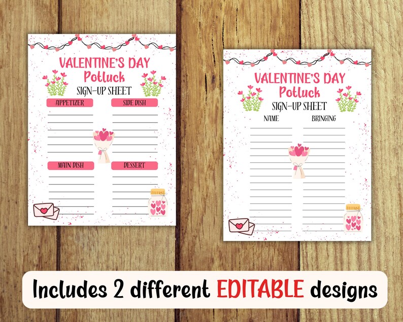 Valentines Day Potluck Sign up Sheet, Editable Potluck Sign up Form ...