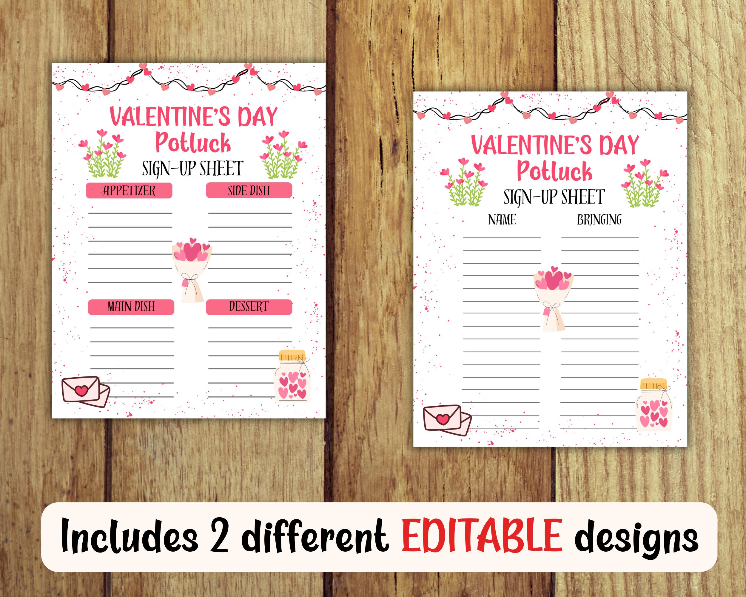 Valentines Day Potluck Sign up Sheet, Editable Potluck Sign up Form ...