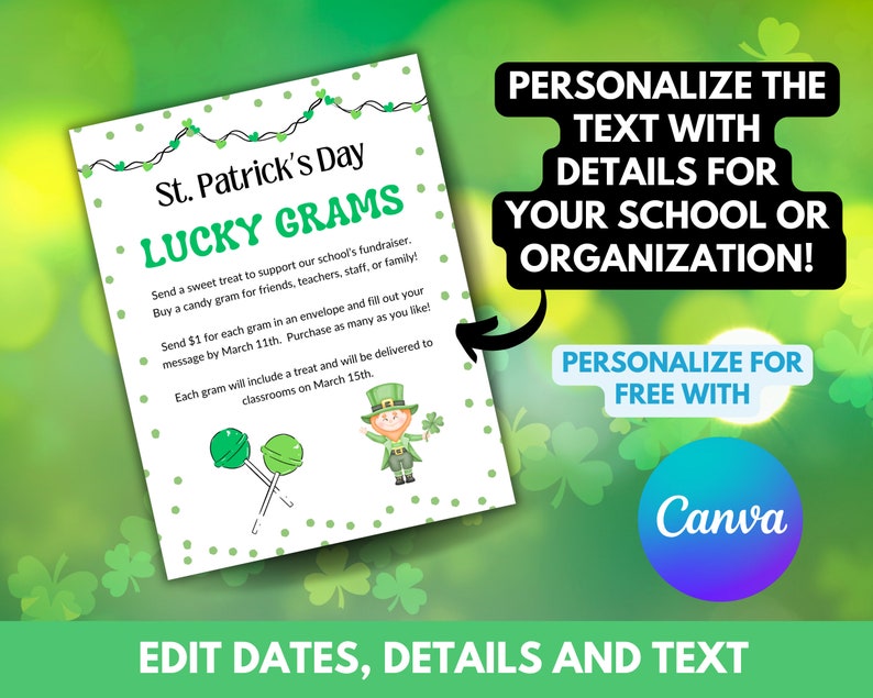 March Fundraiser, St Patricks Day Candy Gram, Editable School ...