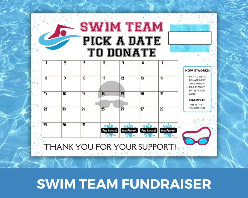 Swim Team Fundraiser Calendar, Pick a Date to Donate Calendar, Cash ...