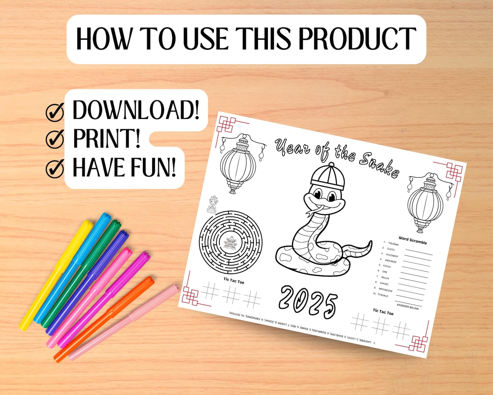Lunar New Year Coloring Placemat, 2025 Year of the Snake Coloring Page ...