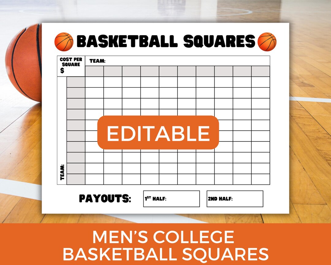 Mens College Basketball Squares, Editable Basketball Squares ...