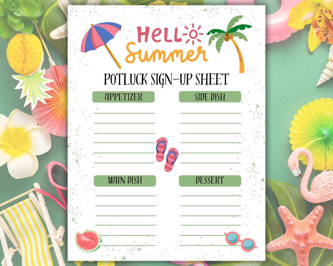Summer Potluck Sign up Sheet, Summer Sign up Form, Potluck Sign up Form, Summer Break Potluck ...