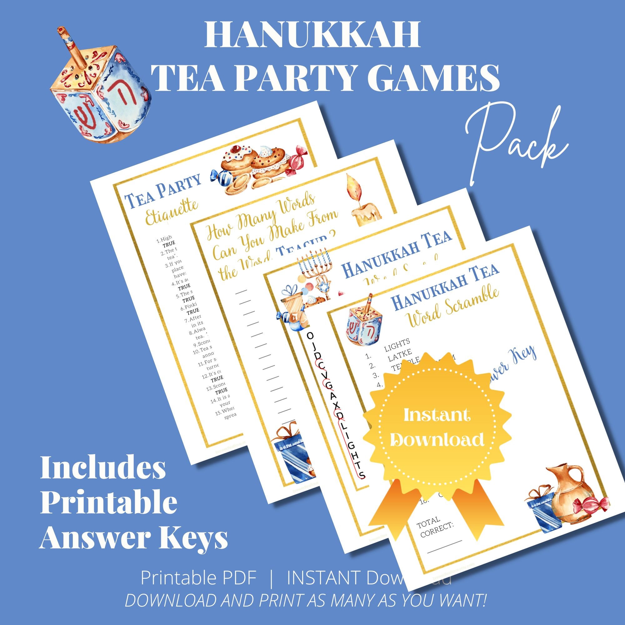 Hanukkah Tea Party Games Pack, Holiday Tea Party, Instant Download ...