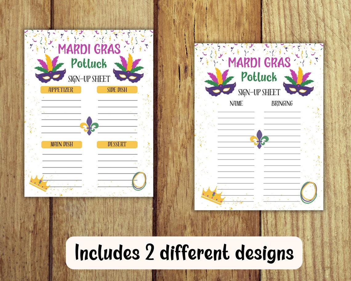 Mardi Gras Potluck Sign up Sheet, Potluck Sign up Sheet, Potluck Sign ...