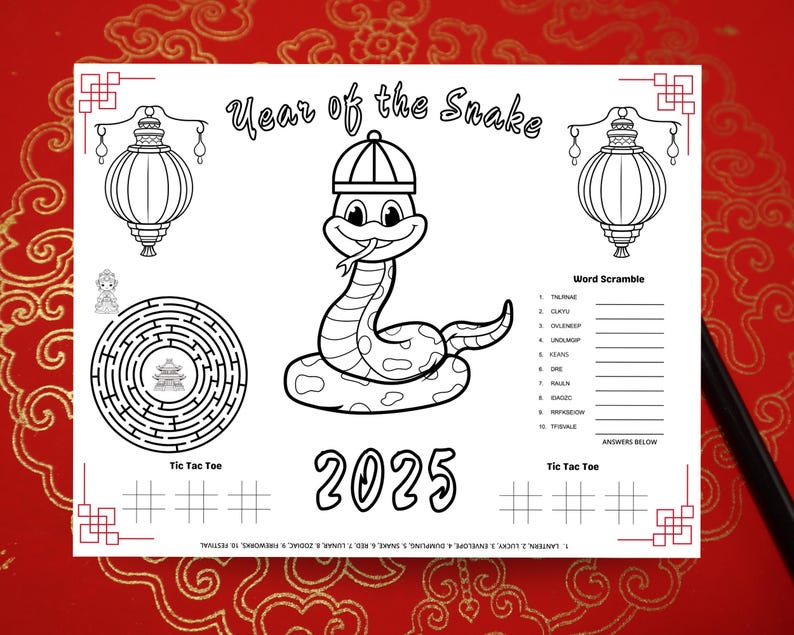 Lunar New Year Coloring Placemat, 2025 Year of the Snake Coloring Page ...