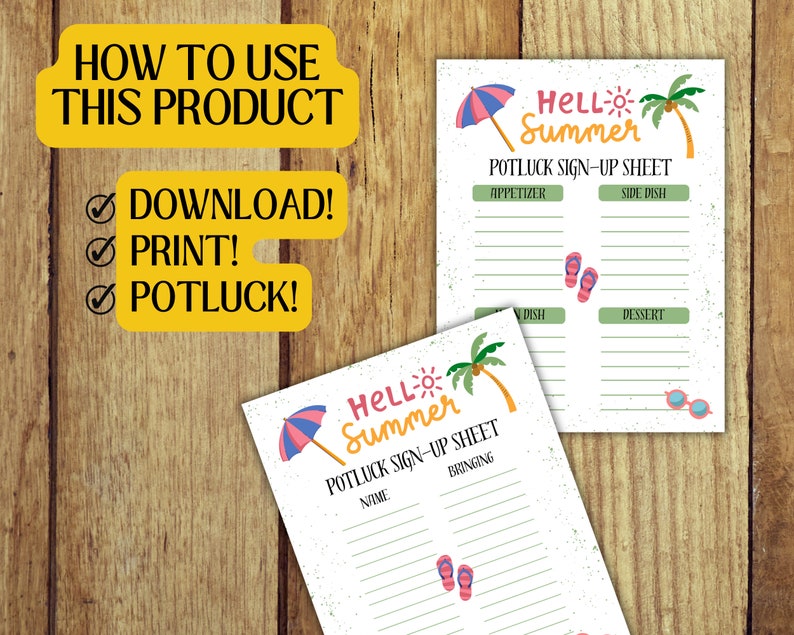 Summer Potluck Sign up Sheet, Summer Sign up Form, Potluck Sign up Form ...