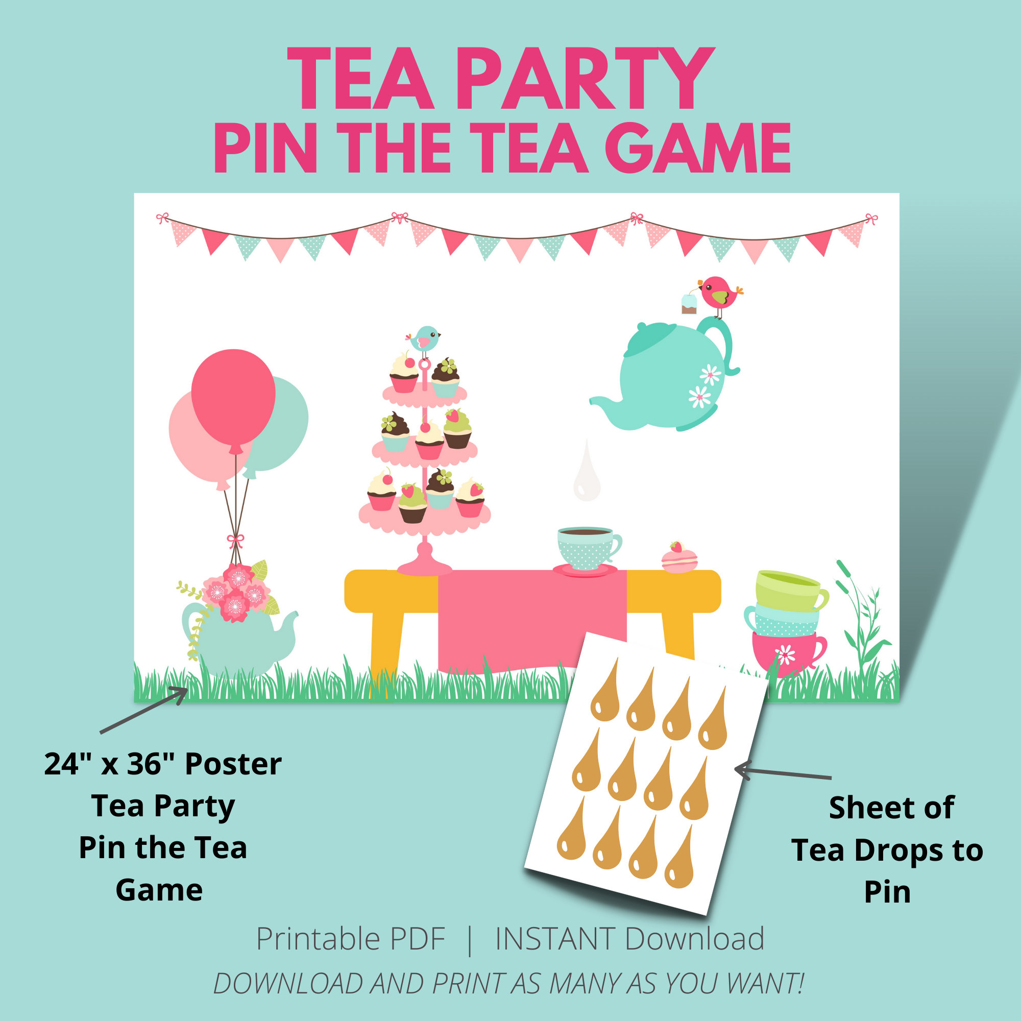 Pin the Tea on the Teapot Game Poster, Tea Party Games for Kids INSTANT ...