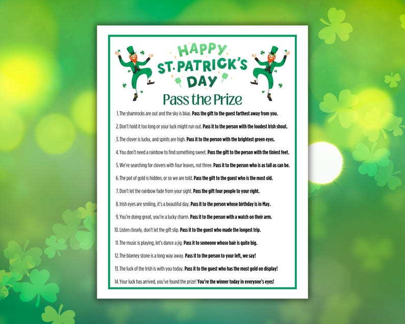 St Patricks Day Party Game, Pass the Prize Game, March Party Activity ...