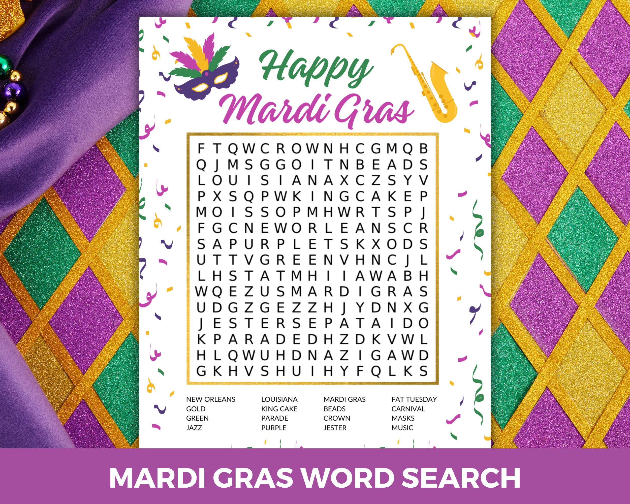 Mardi Gras Word Search, Fat Tuesday Party Game, New Orleans Word Game ...