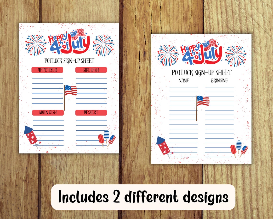July 4th Potluck Sign up Sheet, 4th of July Sign up Form, Independence ...