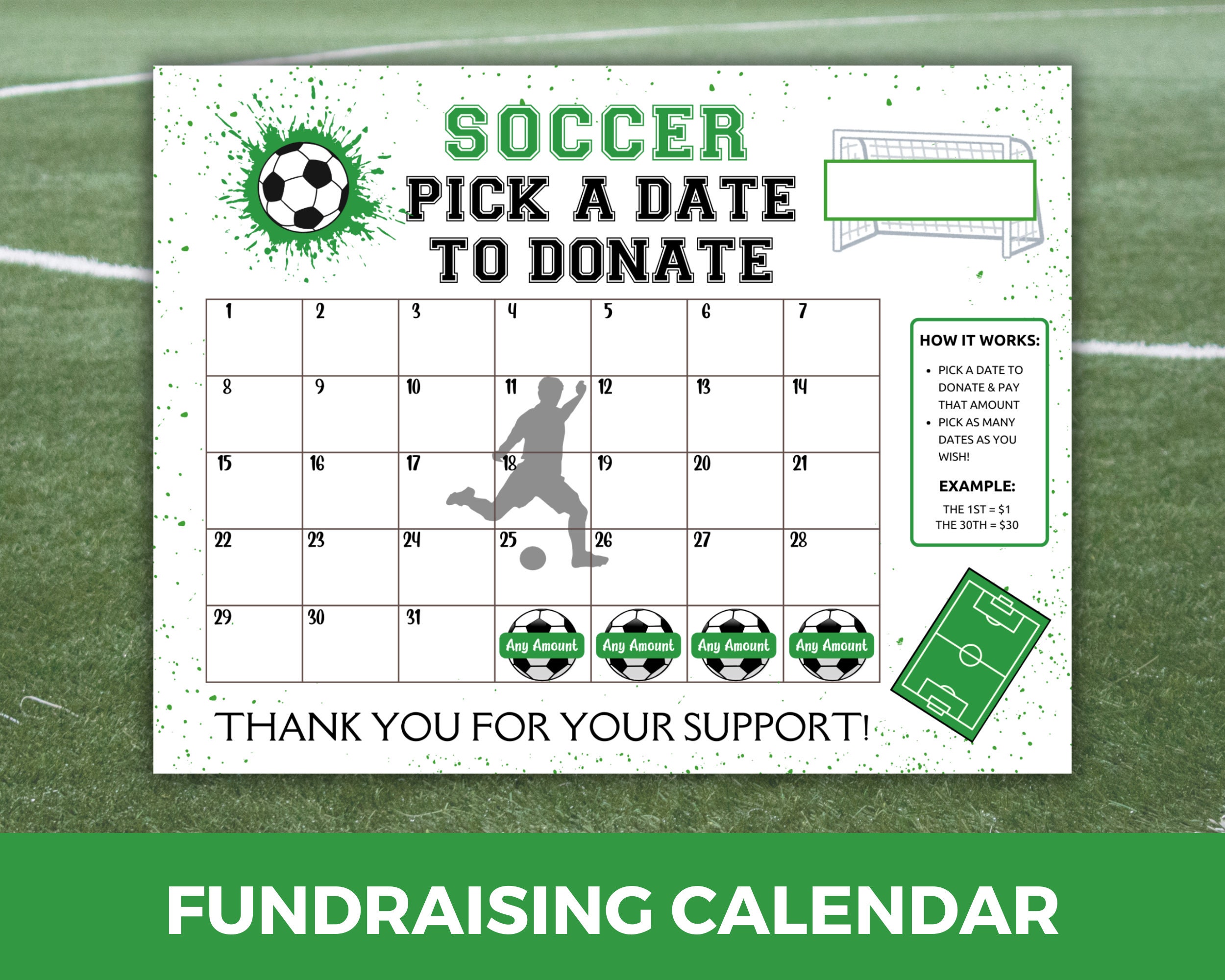 Boys Soccer Fundraiser Calendar, Pick a Date to Donate Calendar, Cash ...