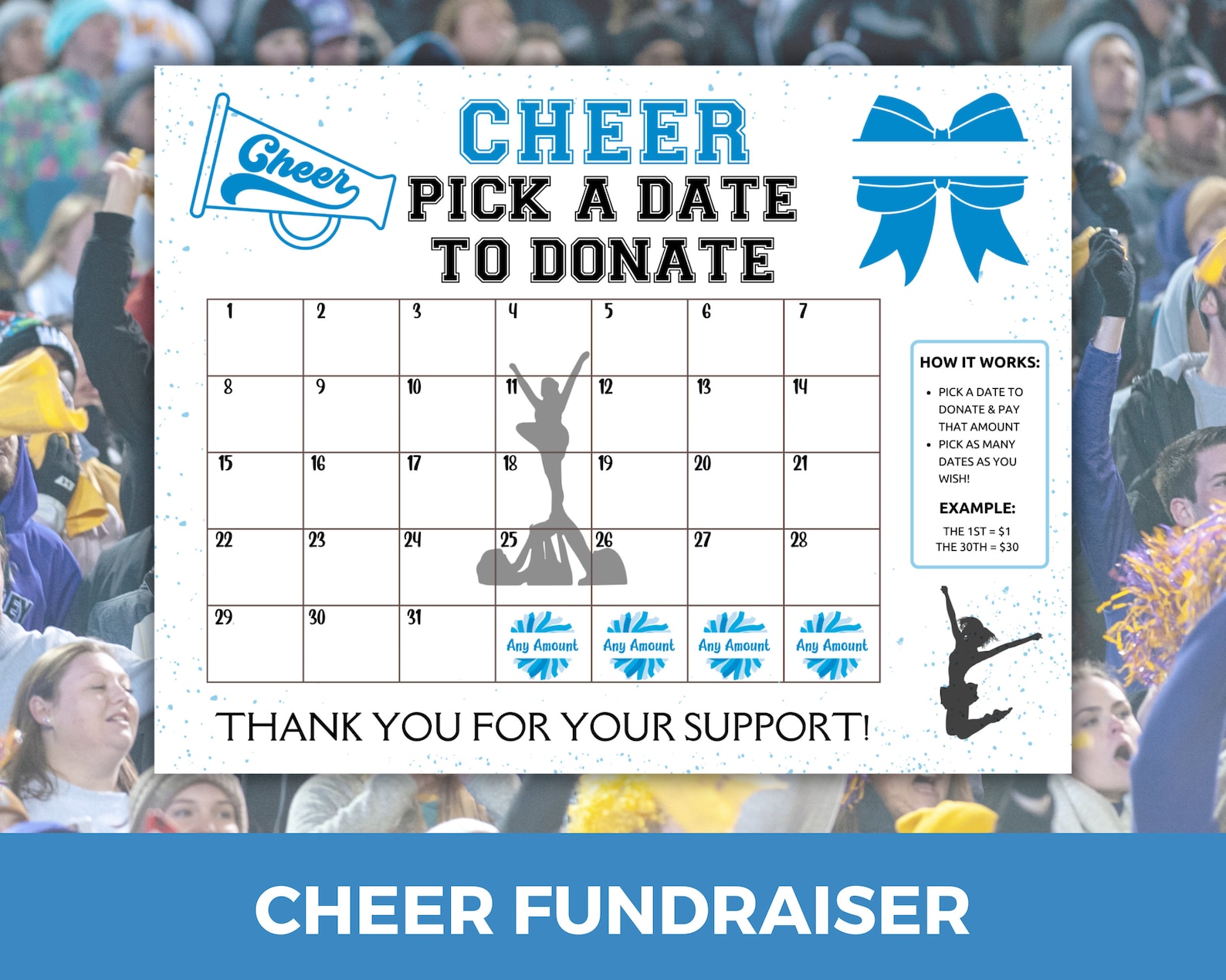Cheer Fundraiser Calendar, Pick a Date to Donate Calendar, Cash ...