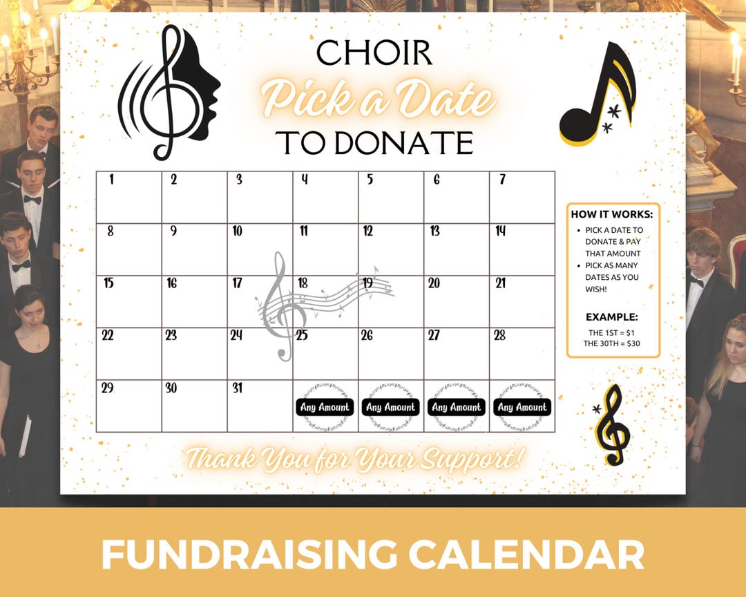 Choir Fundraiser Calendar, Pick a Date to Donate, Cash Calendar, Choir ...