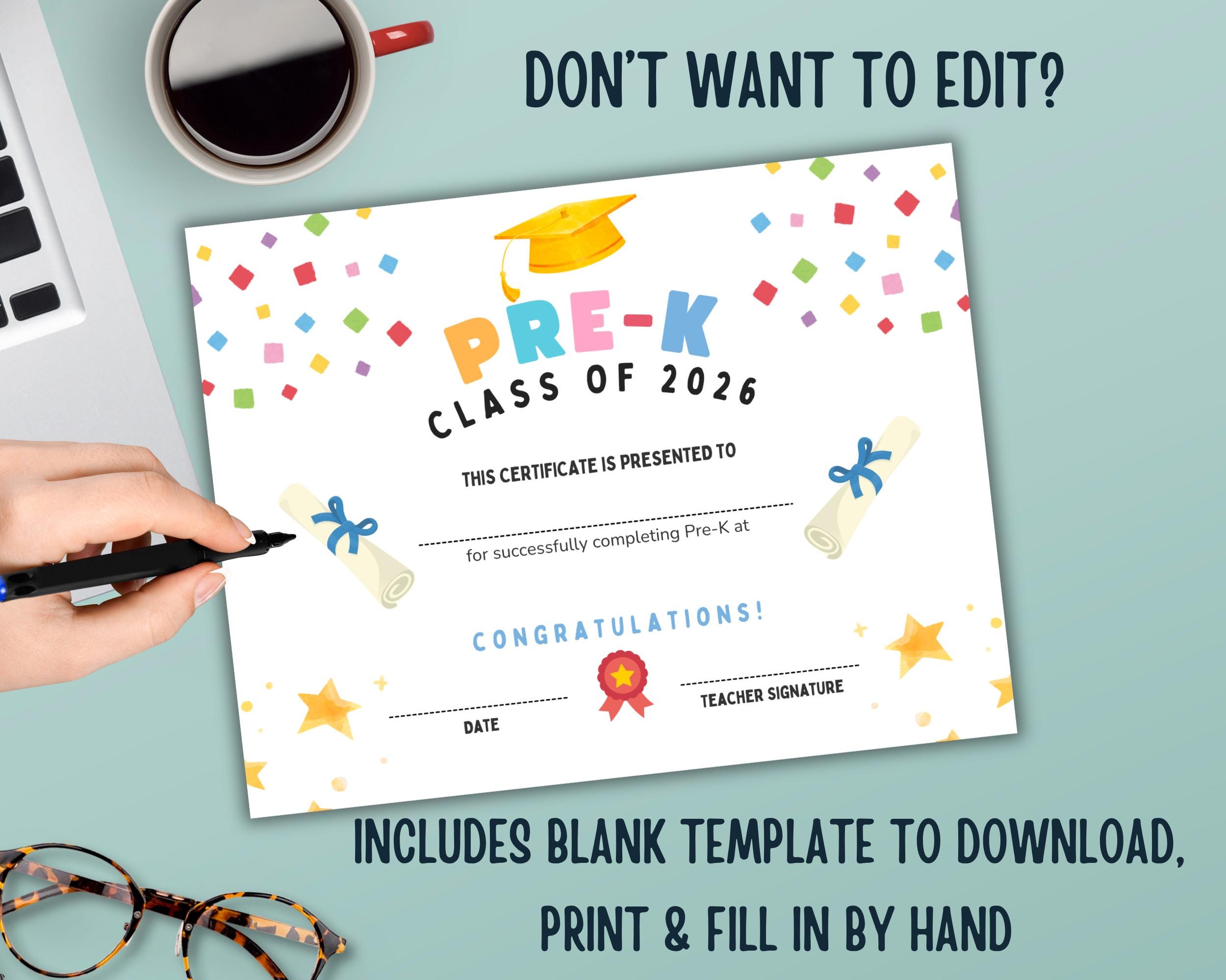 Editable Pre-k Graduation Certificate, Class of 2026 Diploma, Printable ...