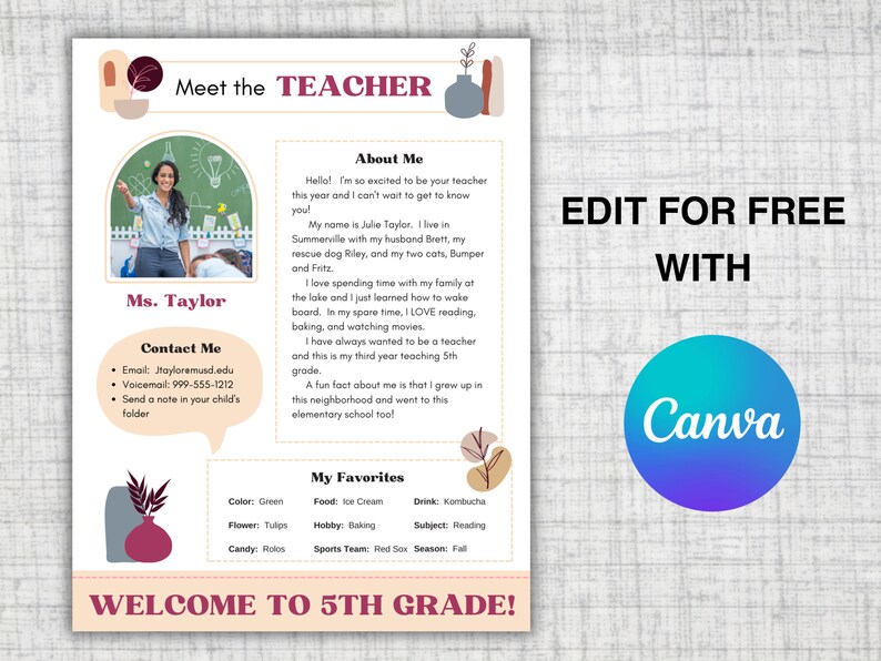 Meet the Teacher Editable Template, Canva Template, Back to School ...
