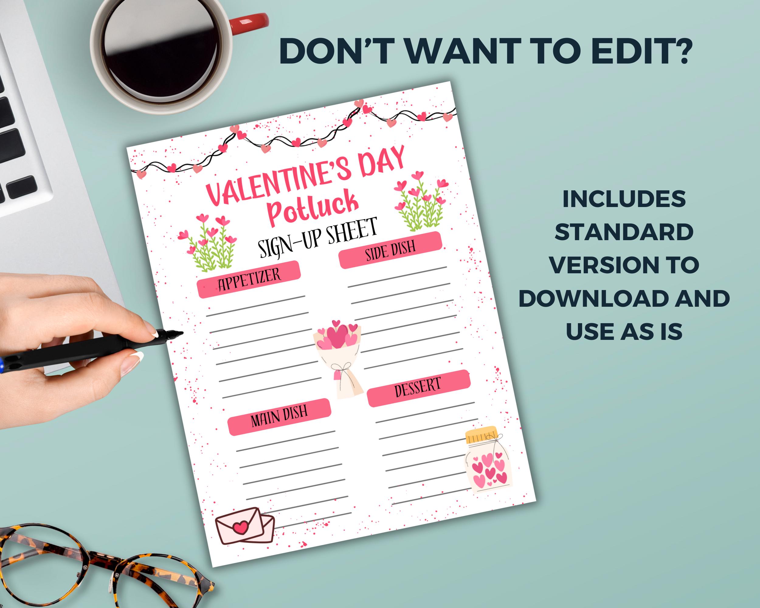 Valentines Day Potluck Sign up Sheet, Editable Potluck Sign up Form ...