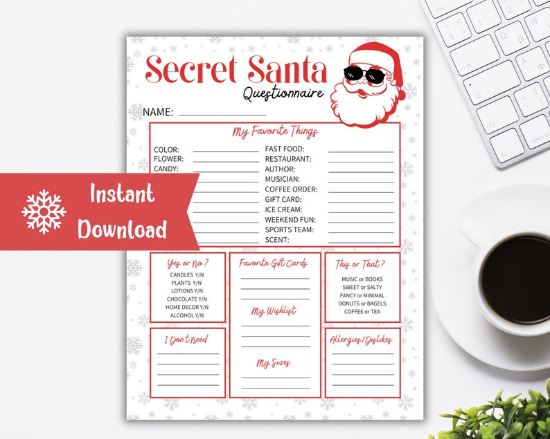 Secret Santa Questionnaire Printable, Secret Santa Wish List, Secret ...