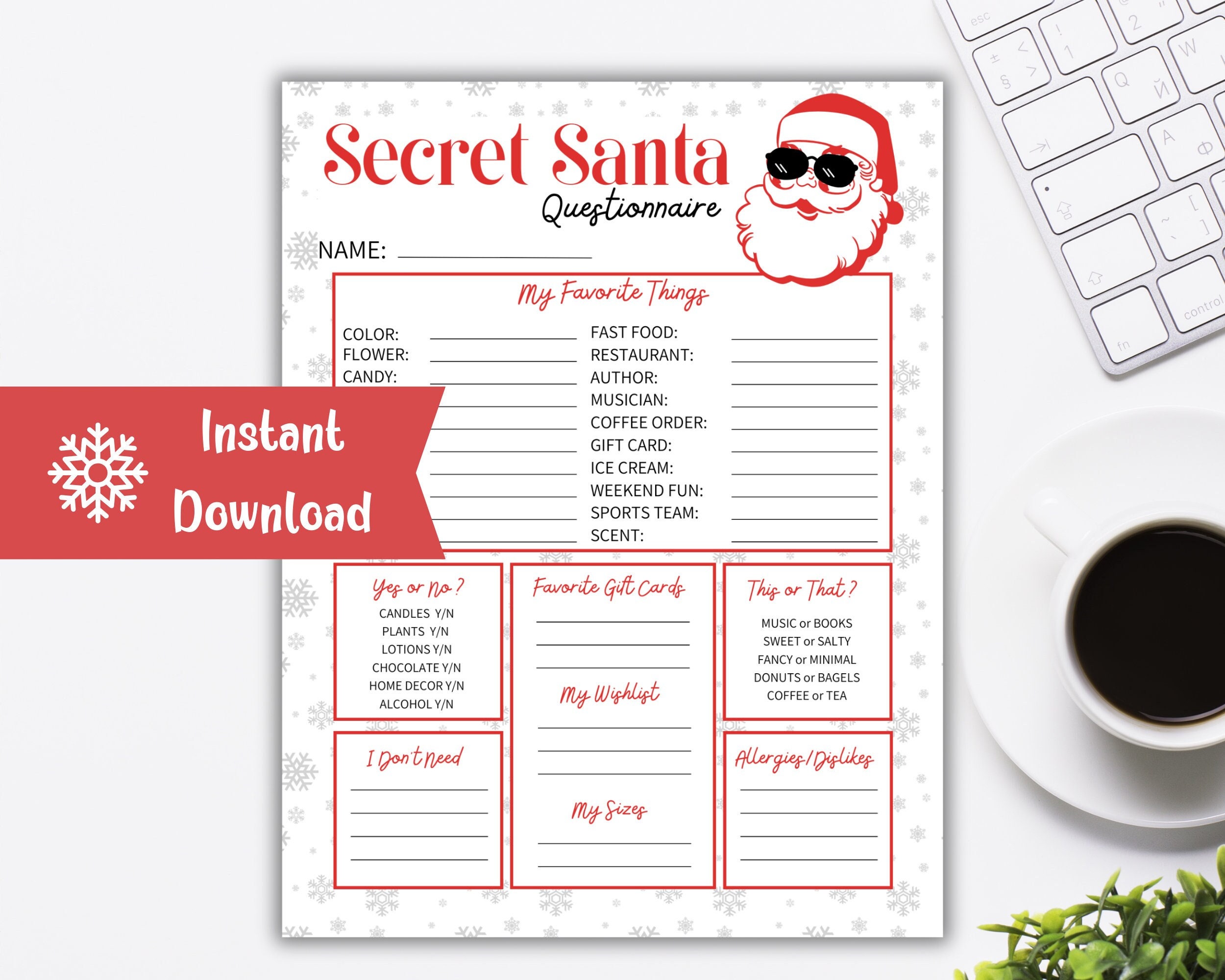 Secret Santa Questionnaire Printable, Secret Santa Wish List, Secret ...
