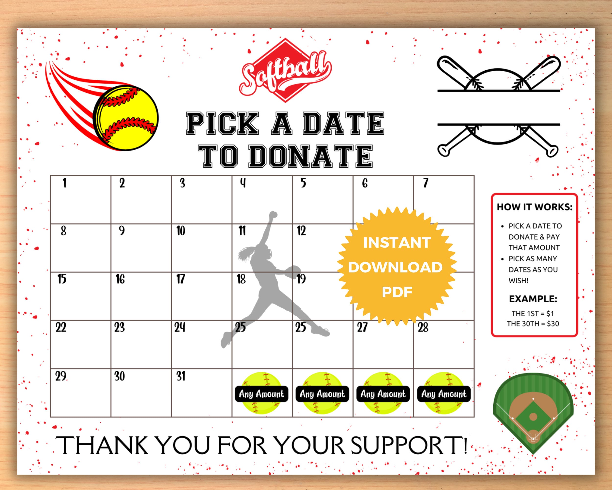 Softball Fundraiser Calendar, Pick a Date to Donate Calendar, Cash ...