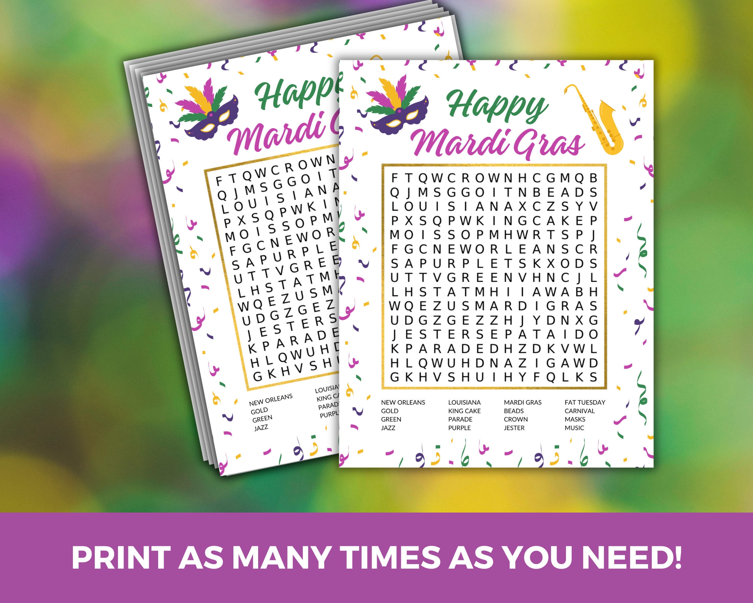 Mardi Gras Word Search, Fat Tuesday Party Game, New Orleans Word Game ...