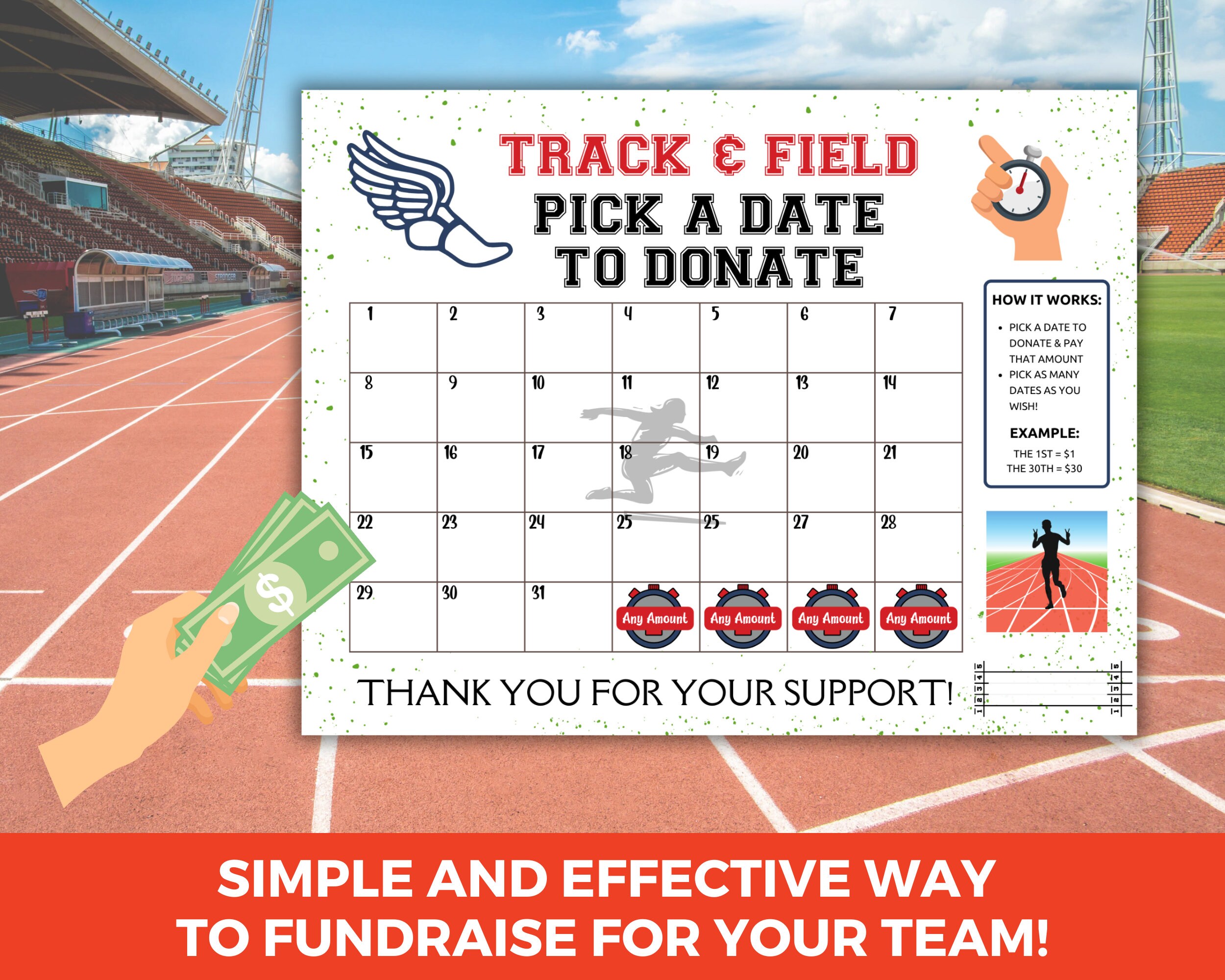 Track Fundraiser Calendar, Pick a Date to Donate Calendar, Cash ...
