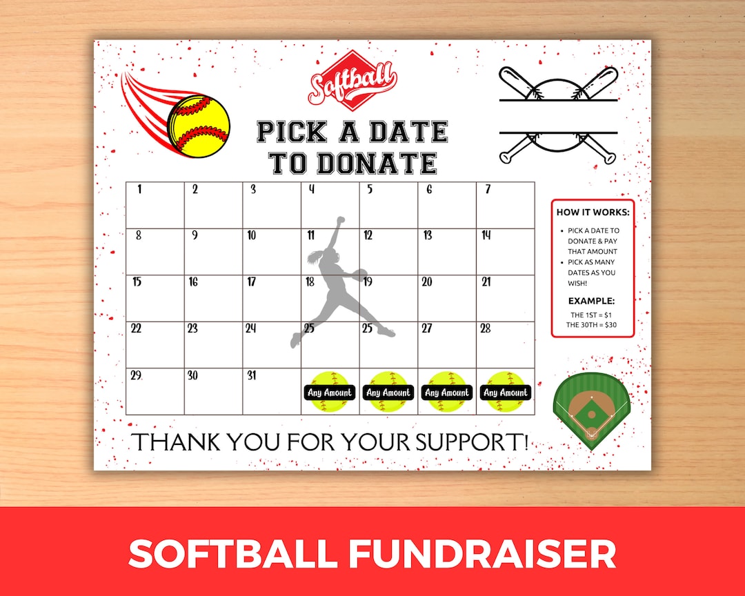 Softball Fundraiser Calendar, Pick a Date to Donate Calendar, Cash ...