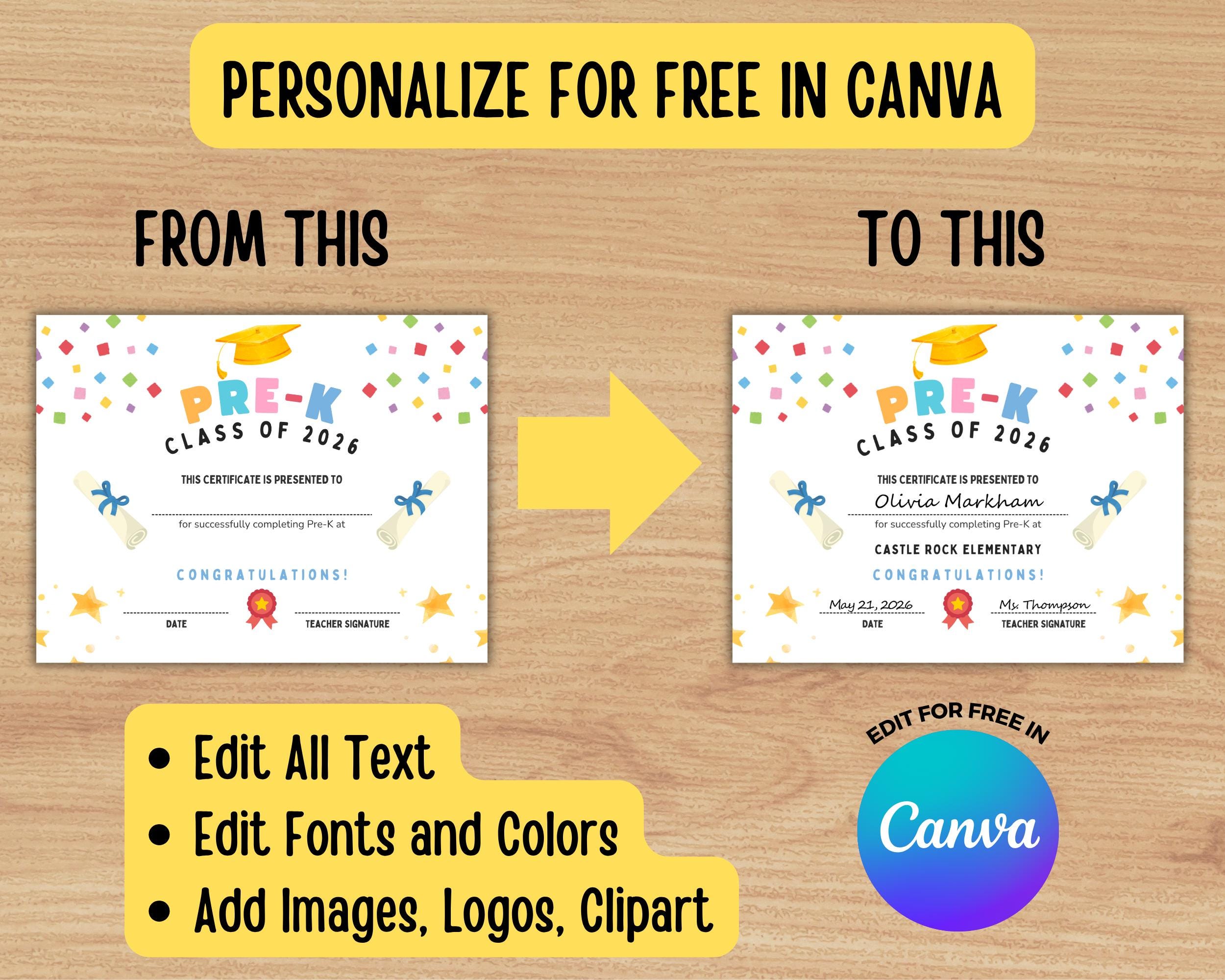 Editable Pre-k Graduation Certificate, Class of 2026 Diploma, Printable ...