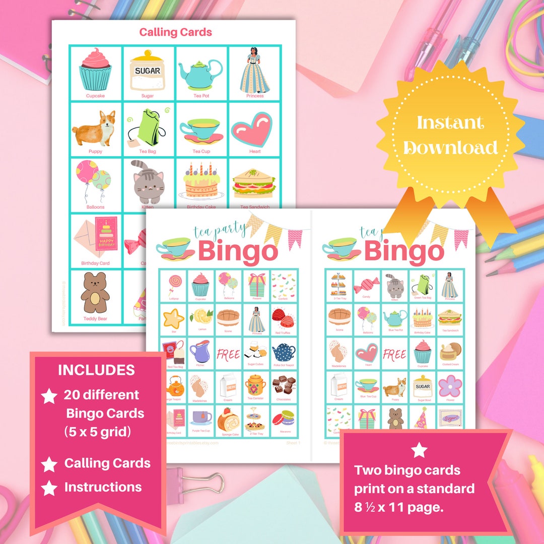 Tea Party Bingo Game for Kids, 20 Unique Tea Party Bingo Cards, Tea ...