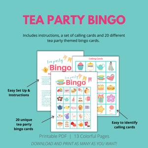 Tea Party Bingo Game for Kids, 20 Unique Tea Party Bingo Cards, Tea ...