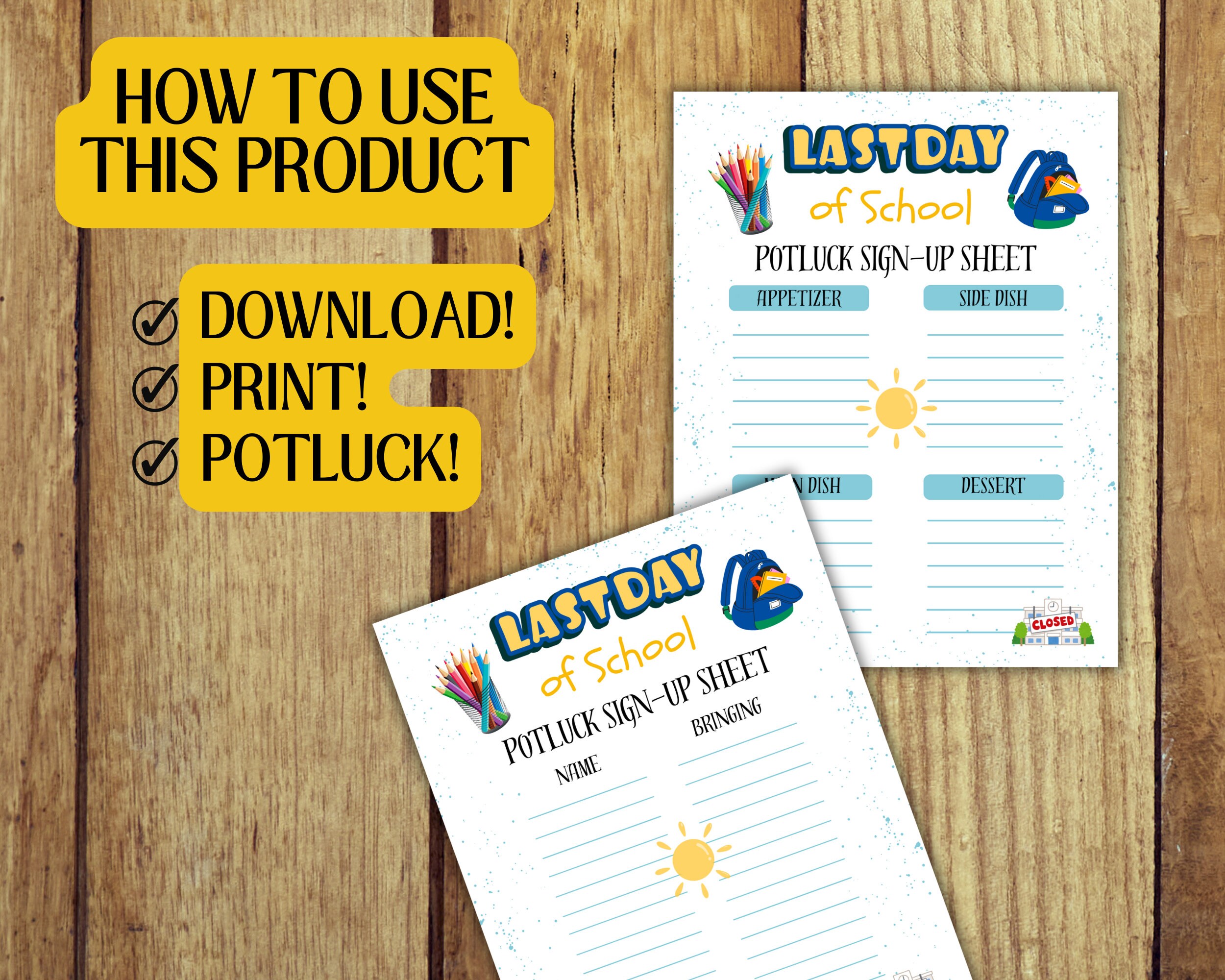 Last Day of School Potluck Sign up Sheet, School's Out Sign up Form ...