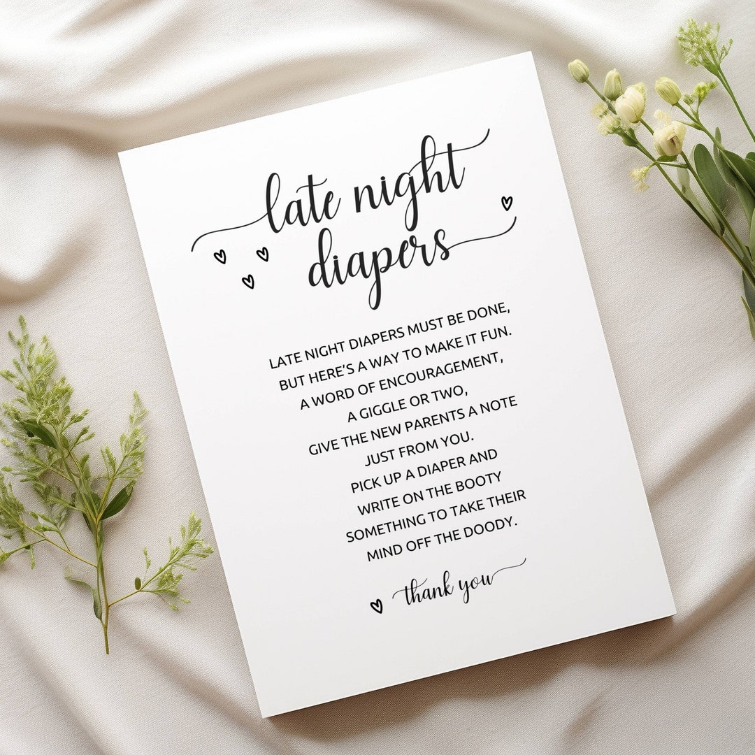 Late Night Diapers Sign, Baby Shower Game, Night Diaper Notes, Gender ...