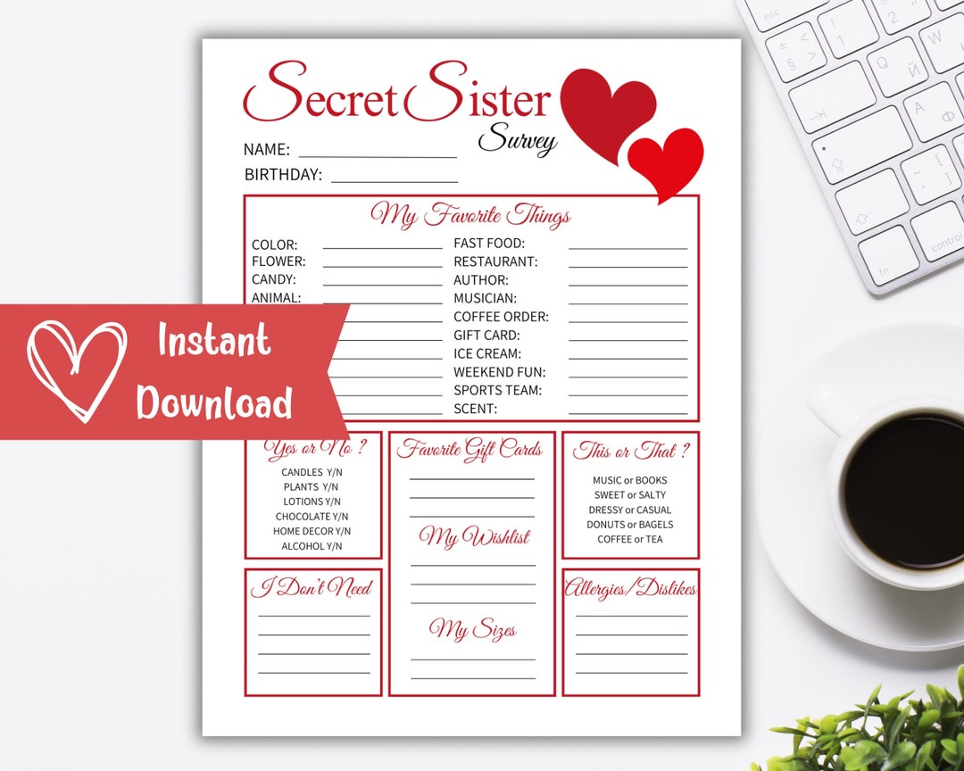 Secret Sister Gift Survey, Printable Secret Sister Form, Secret Sister Questionnaire, Church ...