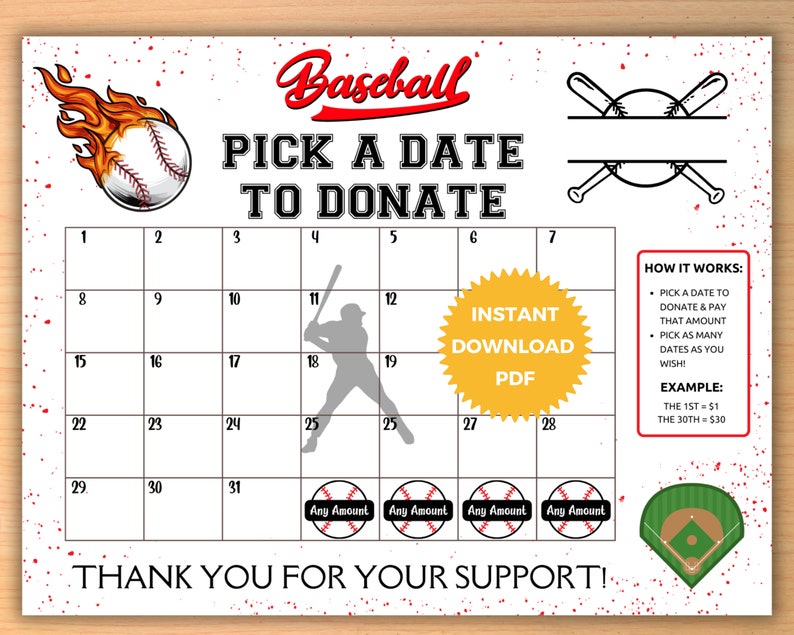 Baseball Fundraiser Calendar, Pick a Date to Donate Calendar, Cash ...